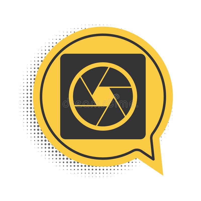 Black Camera Shutter Icon Isolated on White Background. Yellow Speech ...