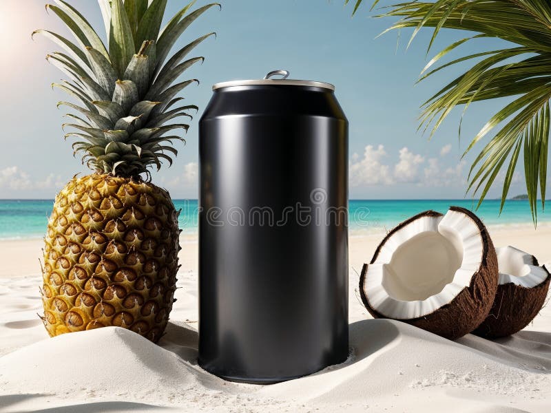 Black Can on Tropical Beach with Pineapple and Coconut Stock Photo ...