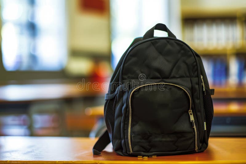 Black Canvas Backpack on a Desk in the Classroom. Back To School ...