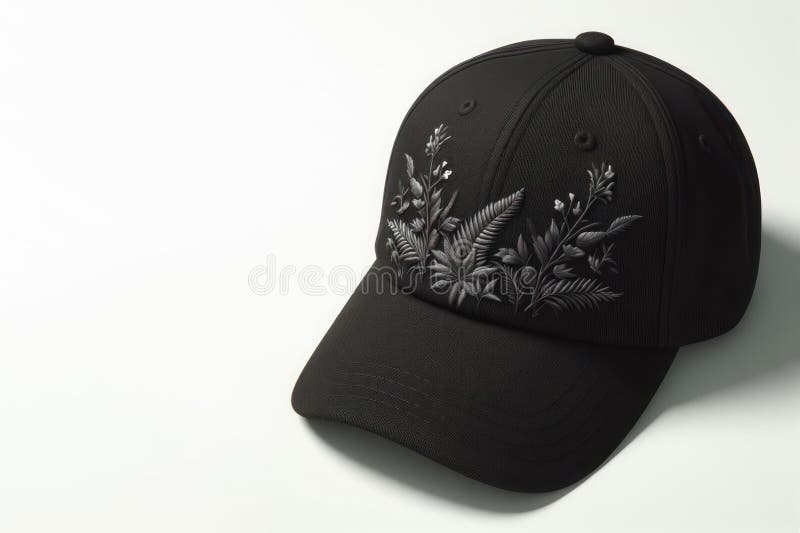 A Black Cap with a Pattern of Plants and Flowers on a White Background ...