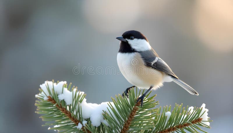 Black-capped Chickadee Singing Atop Snowy Pine Tree with Soft Sunlight ...