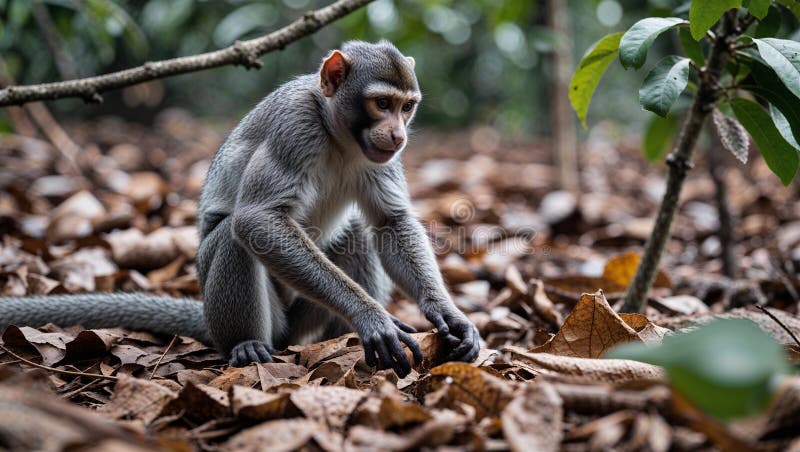Black-capped Squirrel Monkey Foraging in Orchard Leaf Litter Stock ...