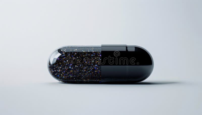 Black Capsule Filled with Shimmering Particles Resting on a Plain ...