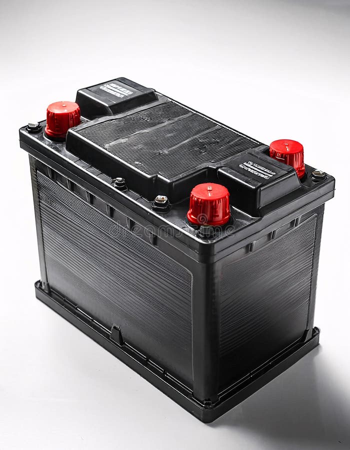 A Black Car Battery with Red Terminals Sits on a White Background Stock ...