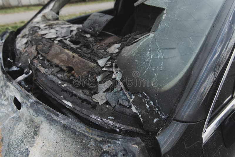 Black Car with Broken Window after Fire. Stock Image - Image of black ...