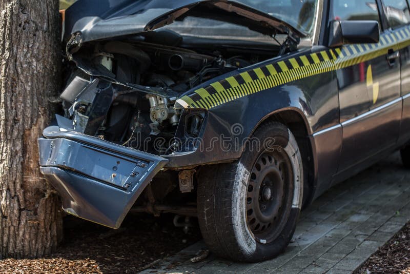 Black Car Drives Head-on Against Tree Stock Image - Image of damage ...