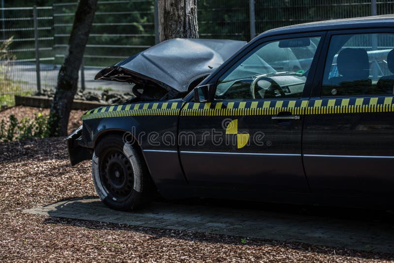 Black Car Drives Head-on Against Tree Stock Photo - Image of crashed ...