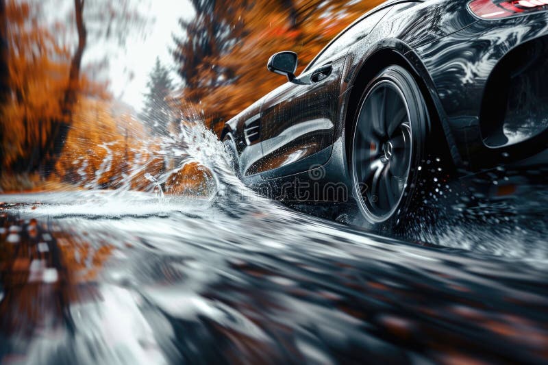 Black Car Driving through Puddle Stock Image - Image of conditions ...