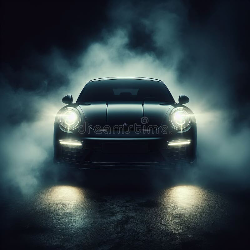 Black Car with Headlights on in the Dark with Fog Around Stock Photo ...