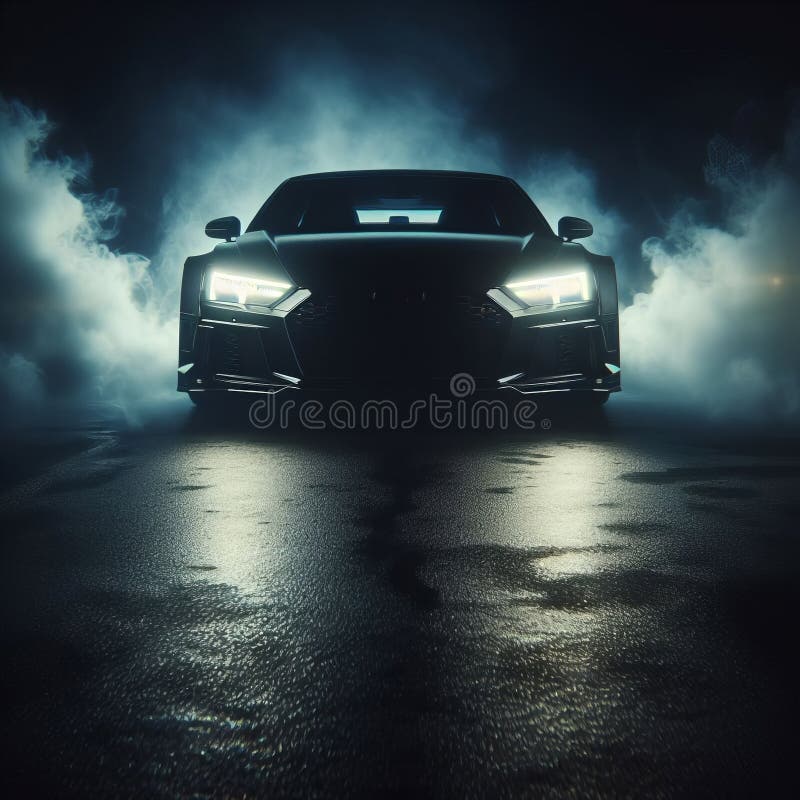 Black Car with Headlights on in the Dark with Fog Around Stock Photo ...