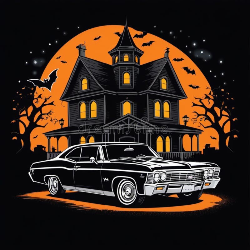 Black Car Parked in Front of a House with Bats Flying Around Stock ...