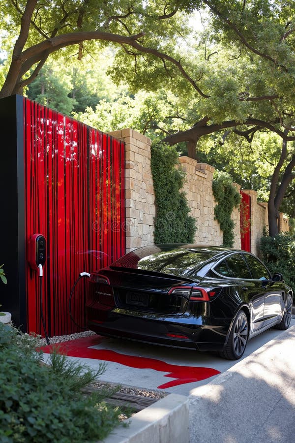 A Black Car is Parked in Front of a Red Gate Stock Photo - Image of ...