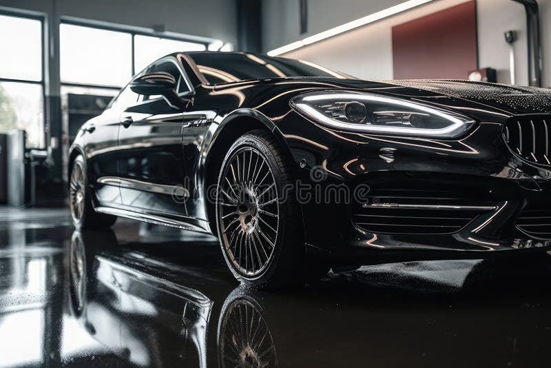 Black Car Parked in Showroom with Painted Wheels. Generative Ai Stock ...