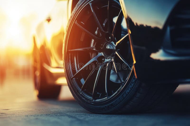 A Black Car with a Shiny Black Tire in the Sun and the Car is Parked on ...