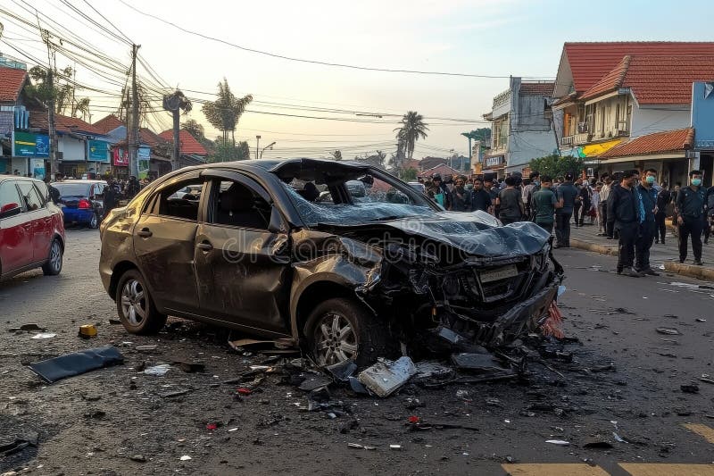 A Black Car is Smashed and There is a Crowd of People Around it Stock ...
