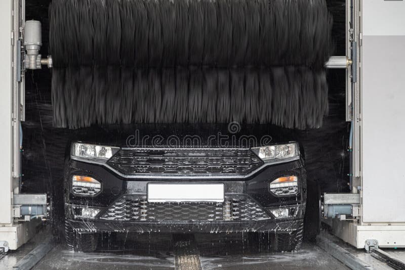 Black Car Stands in a Car Wash and is Washed Stock Image - Image of ...