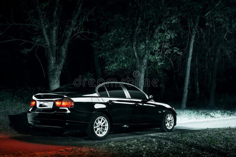 Black Car Stay in Darkness Forest at Night Stock Image - Image of night ...