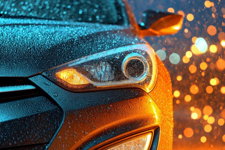 A Black Car Window with Raindrops and a Reflection of City Lights Stock ...