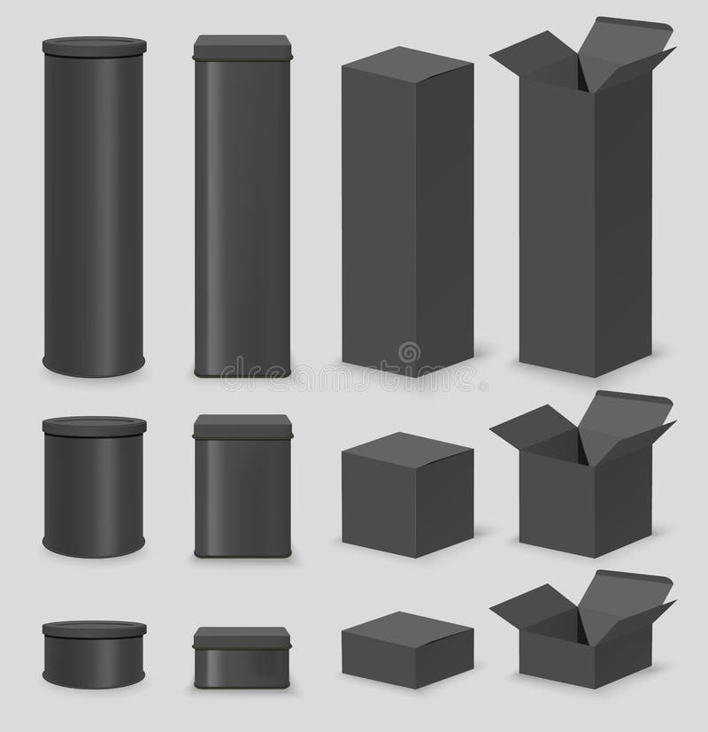 Black Cardboard Box Mockup Set, Vector Isolated Illustration Stock ...