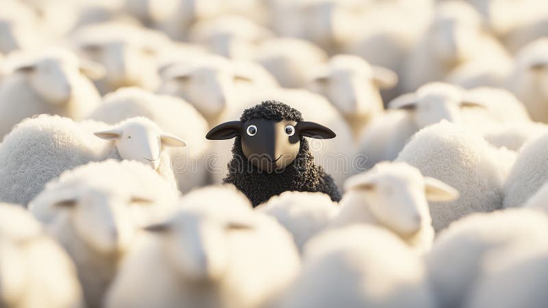 A Black Cartoon Sheep among White Sheep. Stock Illustration ...