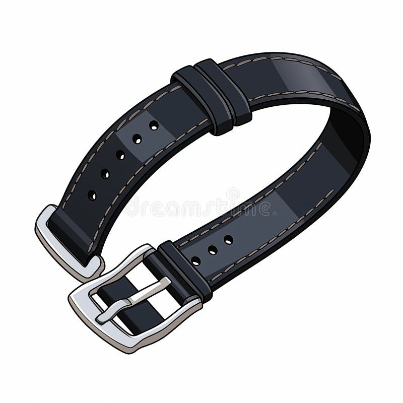 A Black Cartoon Watch Strap with a Silver Buckle Lying Flat on a White ...