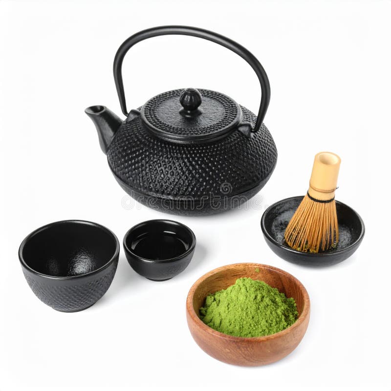 Black Cast Iron Matcha Tea Set with Wooden Bowl Stock Illustration ...