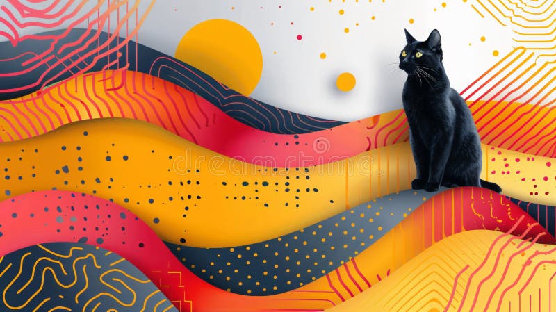 Black Cat on Abstract Wavy Background Stock Illustration - Illustration ...