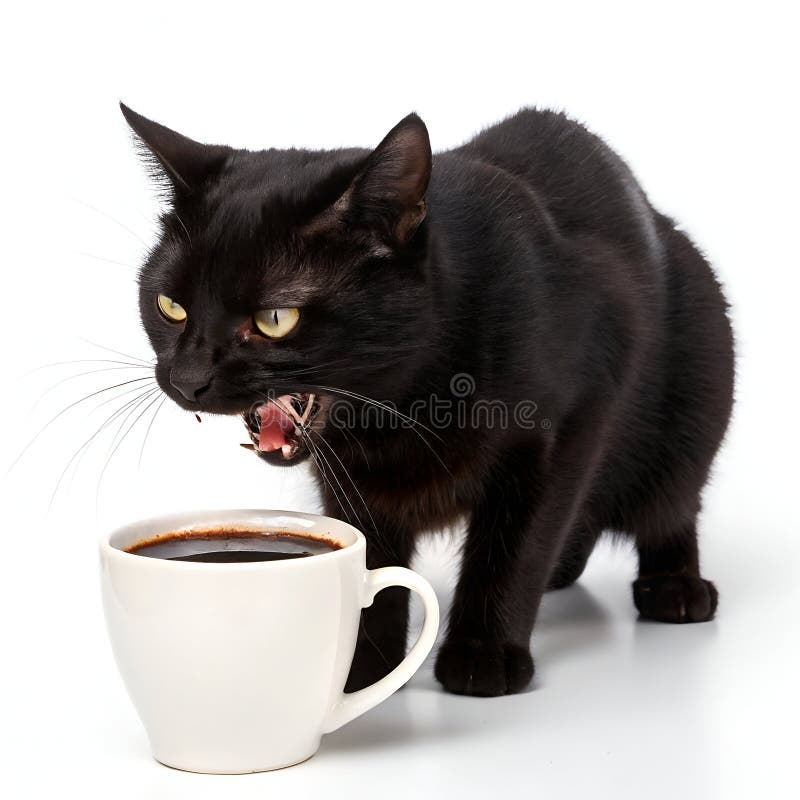 Black Cat with Angry Expression Drinking Coffee Stock Illustration ...