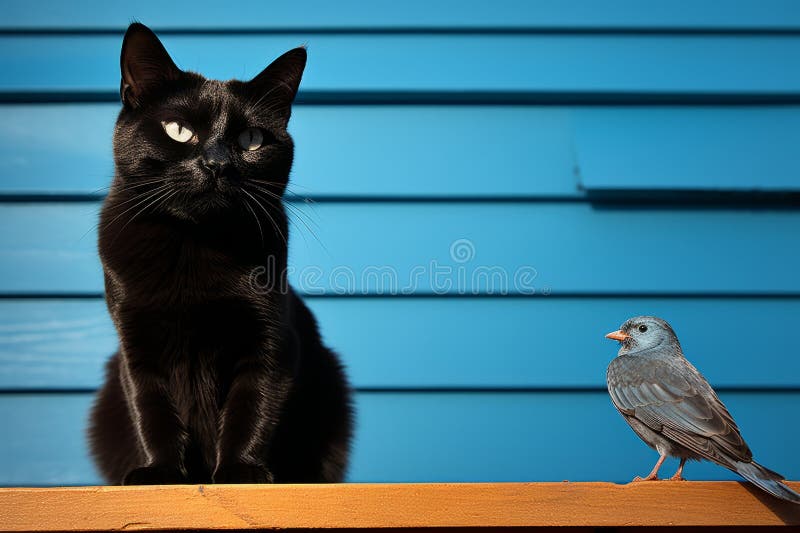 A Black Cat and a Blue Bird Stock Illustration - Illustration of head ...