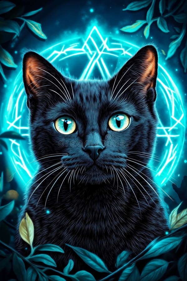 A Black Cat with Blue Eyes Sitting in a Forest Stock Photo - Image of ...