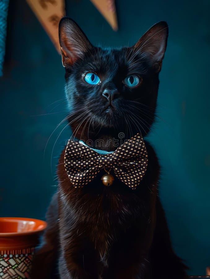 A Black Cat with Blue Eyes Wearing a Bow Tie Stock Photo - Image of ...