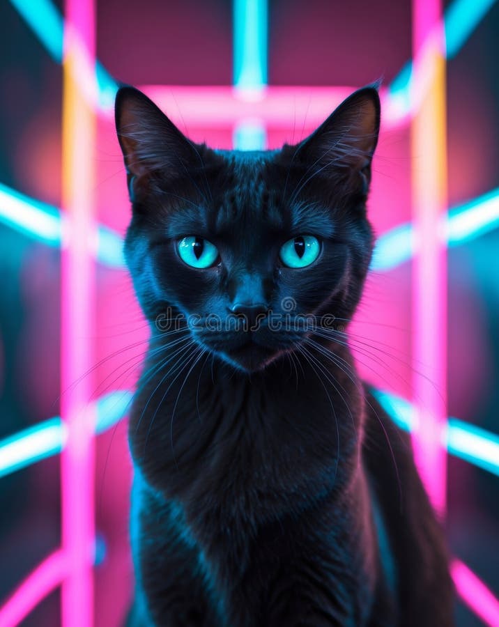 Black Cat with Bright Eyes in Colorful Neon Light Background Stock ...