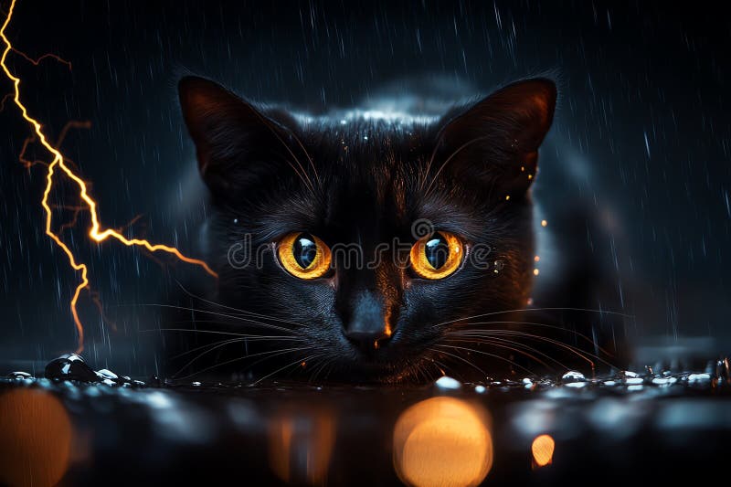 AI Generate: a Black Cat Caught in a Dramatic Storm, with Lightning ...