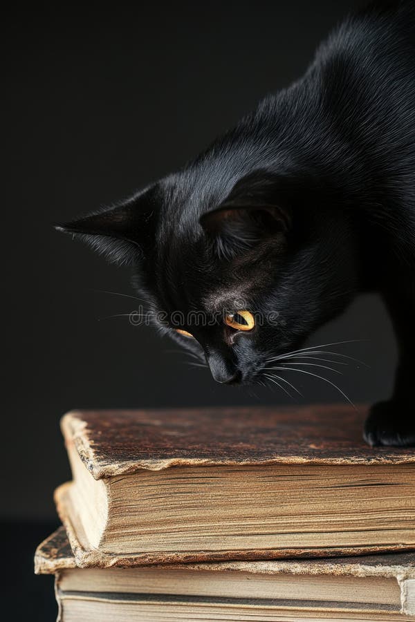 Black Cat Curiously Exploring Vintage Books Against Dark Background ...