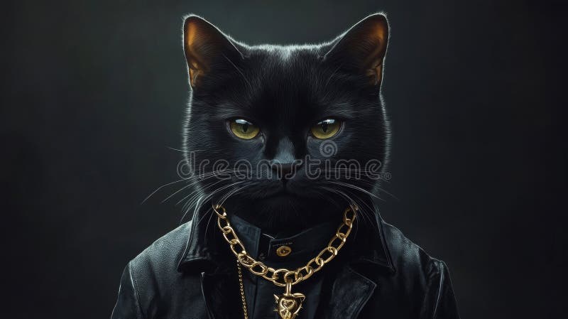 Black Cat in Dark Portrait with Gold Chain Stock Illustration ...