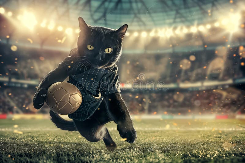 Black Cat Dressed As a Soccer Player Dribbling a Ball in a Stadium ...