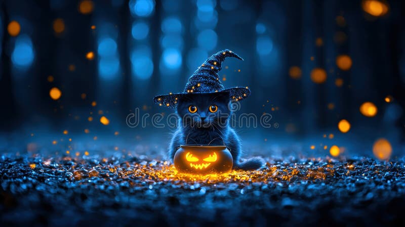 Halloween Cat with a Witch Hat Stock Illustration - Illustration of ...