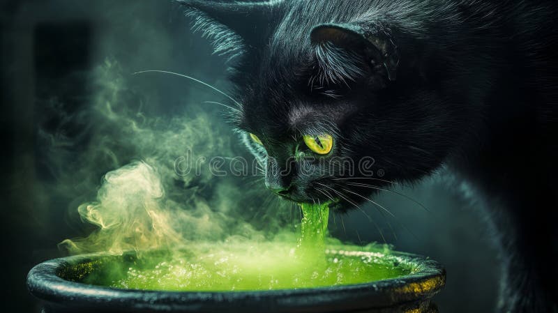 Black Cat Drinking Green Potion from Cauldron with Smoke Stock ...