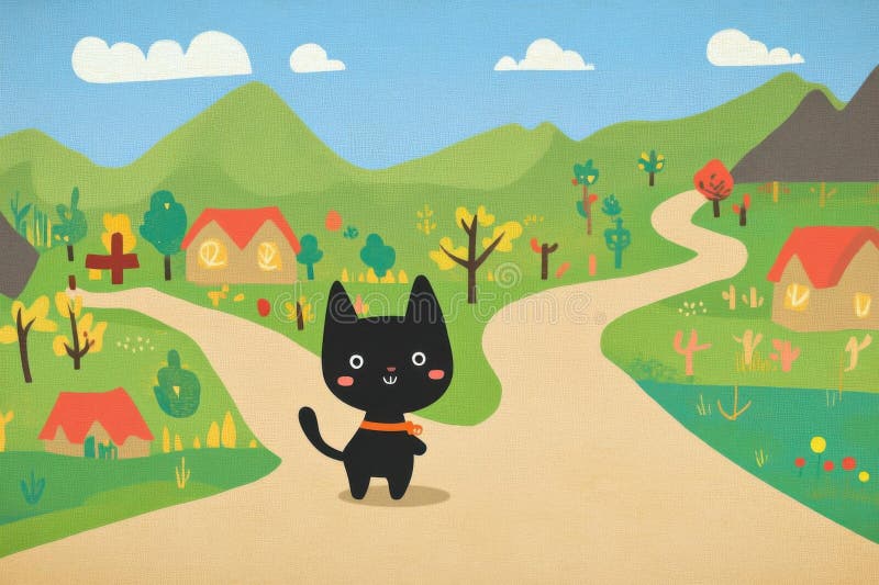 Black Cat Explores Winding Path through Charming Village and Nature S ...