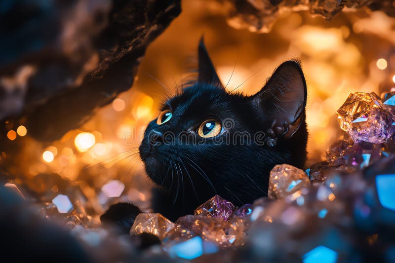 A Black Cat Exploring a Glittering Crystal Cavern, Where the Walls are ...