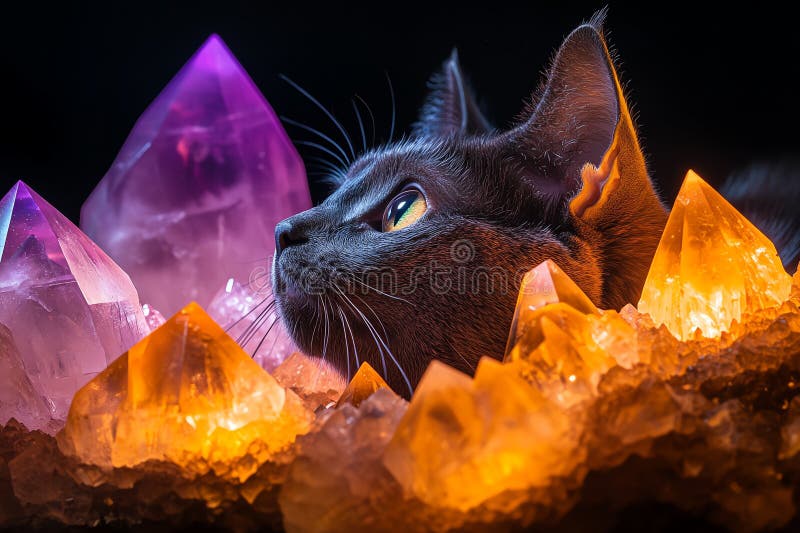 A Black Cat Exploring a Glittering Crystal Cavern, Where the Walls are ...