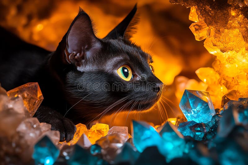 A Black Cat Exploring a Glittering Crystal Cavern, Where the Walls are ...