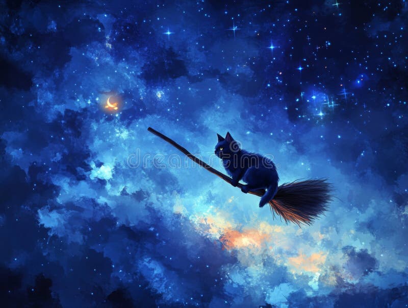 Black Cat Flying on a Broom through a Starry Night Stock Illustration ...