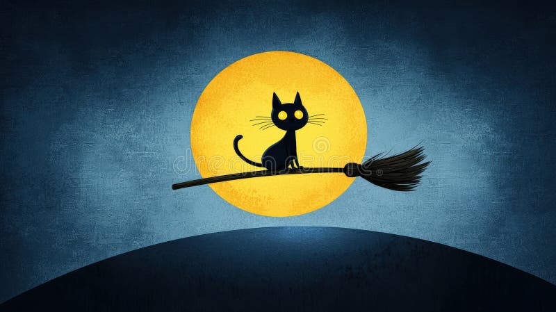 Black Cat Flying on a Broom Under a Full Moon Whimsical and Playful ...