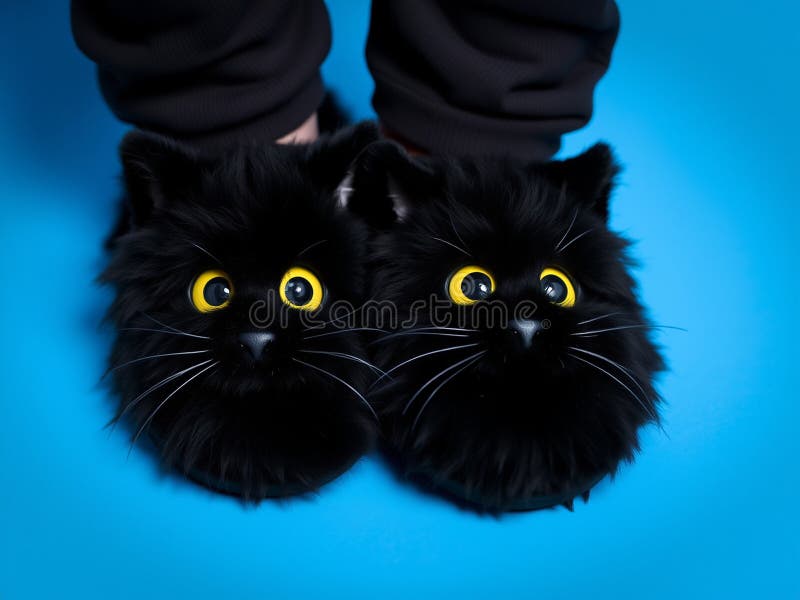 Black Cat Furry Slippers with Googly Eyes - Generated by Ai Stock ...