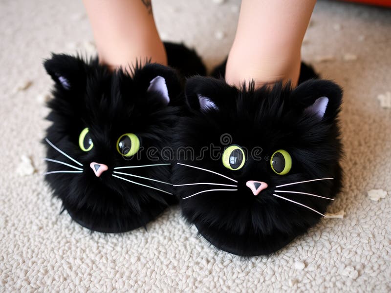 Black Cat Furry Slippers with Googly Eyes - Generated by Ai Stock ...
