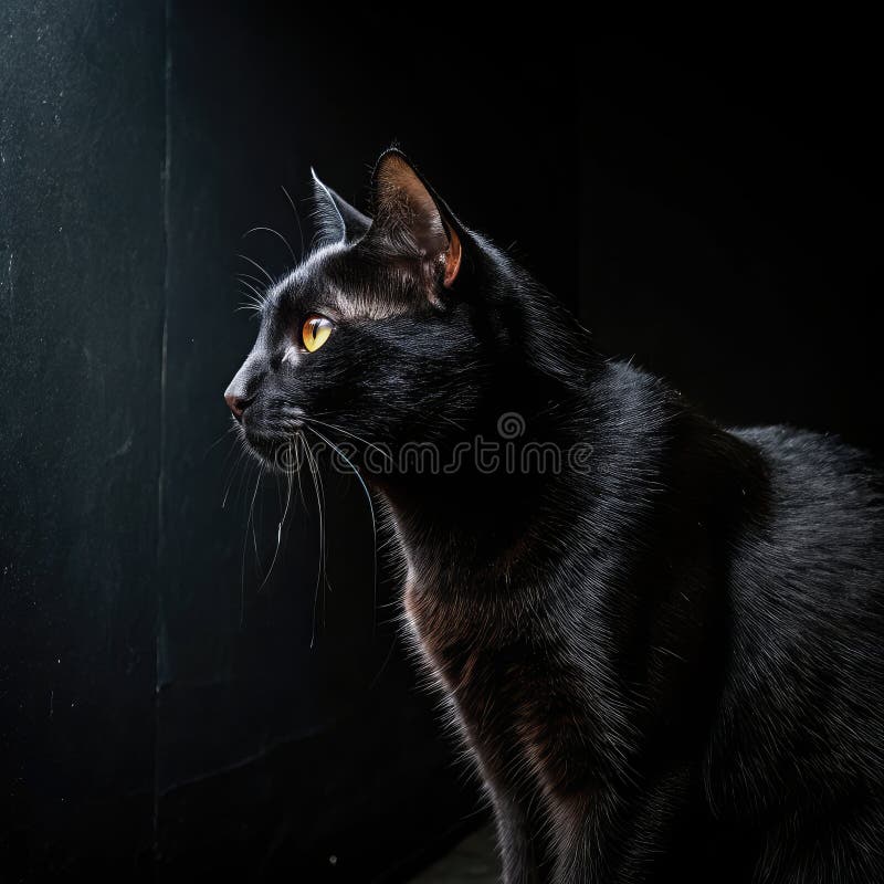 Black Cat Gazes Thoughtfully in Dimly Lit Studio Setting. Generative AI ...