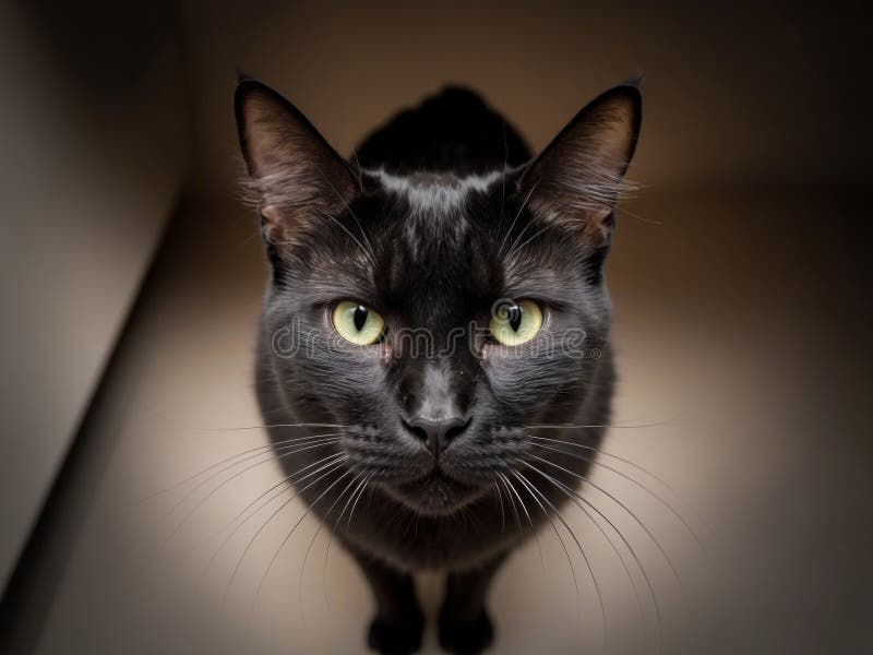 Black Cat Gazing Intently in Low Light Setting. Stock Photo - Image of ...