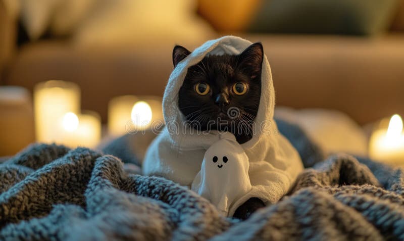 A Black Cat in a Ghost Costume Stock Photo - Image of small, sleep ...