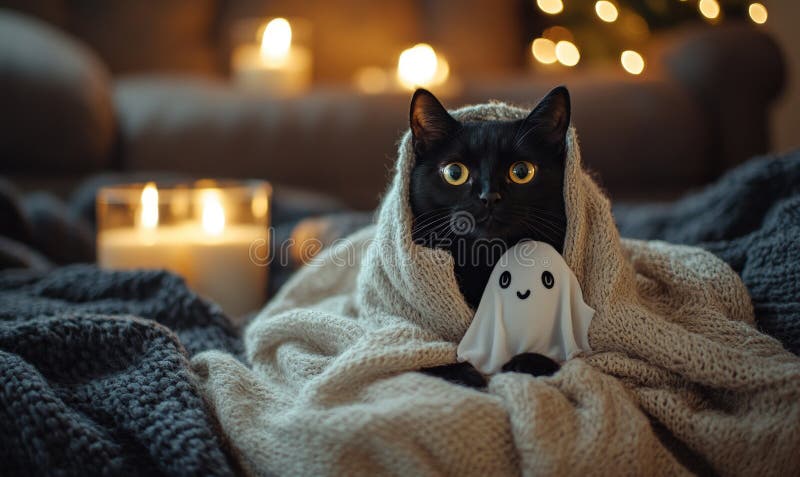 A Black Cat in a Ghost Costume Stock Photo - Image of cosy, funny ...